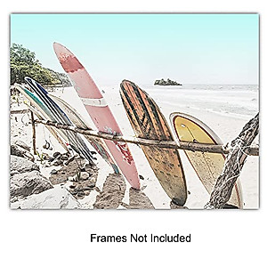 Beach Decor - Beach Wall Art - Tropical Palm Trees, Surfing Posters 8x10 - Unique Home Decor for Lake or Ocean House, Bathroom, Bedroom, Living Room, Office - Gift for Surfers - Nautical Photo Set