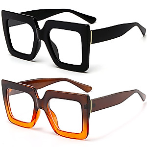 Breaksun Oversized Blue Light Glasses for Women Fashion Thick Square Computer Eyewear Non-Prescription Black Glasses (New Black+ Brown Orange)