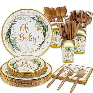 Sage Green Baby Shower Decorations, Oh Baby Theme Neutral Party Tableware Set ; 9" Plates, 7" Plates, Napkins, Cups and Utensils- Floral Gender Reveal Party Supplies for boys & girls -Serve 24