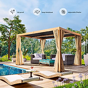 HAPPATIO Louvered Pergola 10x13 Outdoor Pergola, Woodgrain-Look Metal Pergola with Adjustable Rainproof Roof, Patio Pergola with Curtains and Mosquito Nets, Aluminum Pergola for Patio, Backyard, Deck