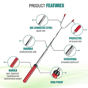 Campester Marshmallow Roasting Sticks with Wooden Handles, Set of 5 Telescopic Smores Skewers for fire Pit, Camping and Grilling, 34 inch extendable Stainless Steel Forks for Hot Dogs and Meat