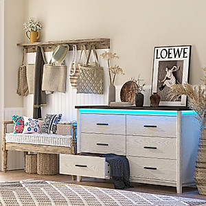 TVU Farmhouse 6 Drawers Wood Dresser with LED, Storage Dresser for Bedroom, Wide Chest of Drawer with Metal Handles