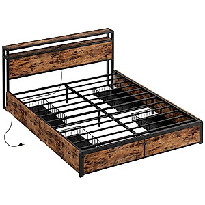 LIKIMIO Full Size Bed Frame with Storage, 2-Tier Storage Headboard with Charging Station and Four Drawers, No Box Spring Needed, Easy Assembly, Vintage Brown