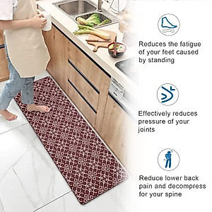 Artnice Anti Fatigue Kitchen Floor Mat Set of 2 PCS, Non Skid Comfort Kitchen Rug, Ergonomic Standing Desk Mat for Home, Office, Sink, Laundry, White Floral Grid Red