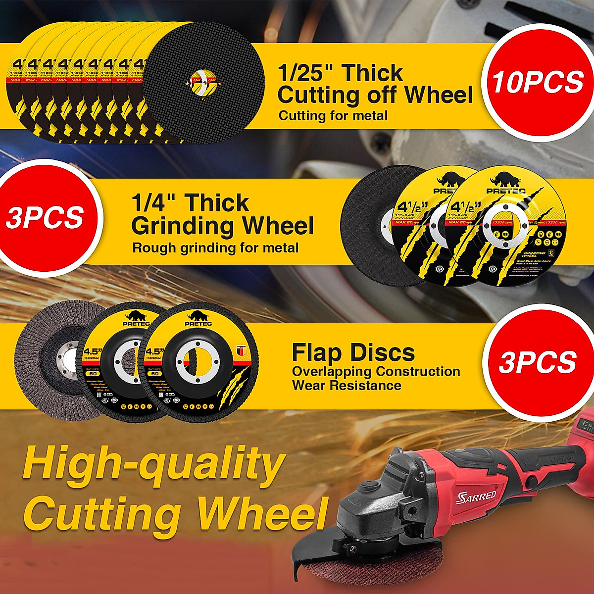 SARRED Brushless Angle Grinder 5 & 4-1/2 inch Cordless Power Grinder Grinding Tool with 2 3.0Ah Battery,7/8-Inch Arbor,Includes 16 Grinding Wheels