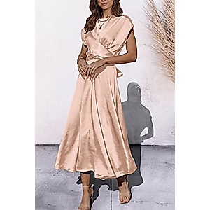 PRETTYGARDEN Women's 2023 Summer Satin Midi Dress Cap Sleeve Tie Waist Elegant A-Line Flowy Dresses (Champagne,Small)