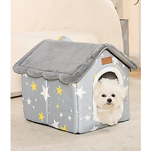 SEAHOME Foldable Dog House Kennel Bed Mat for Indoor Pets,Enclosed Warm Plush Sleeping Nest Bed with Removable Cushion,Covered Small Pet Condos Indoor Cat Hideaway (L, Grey)