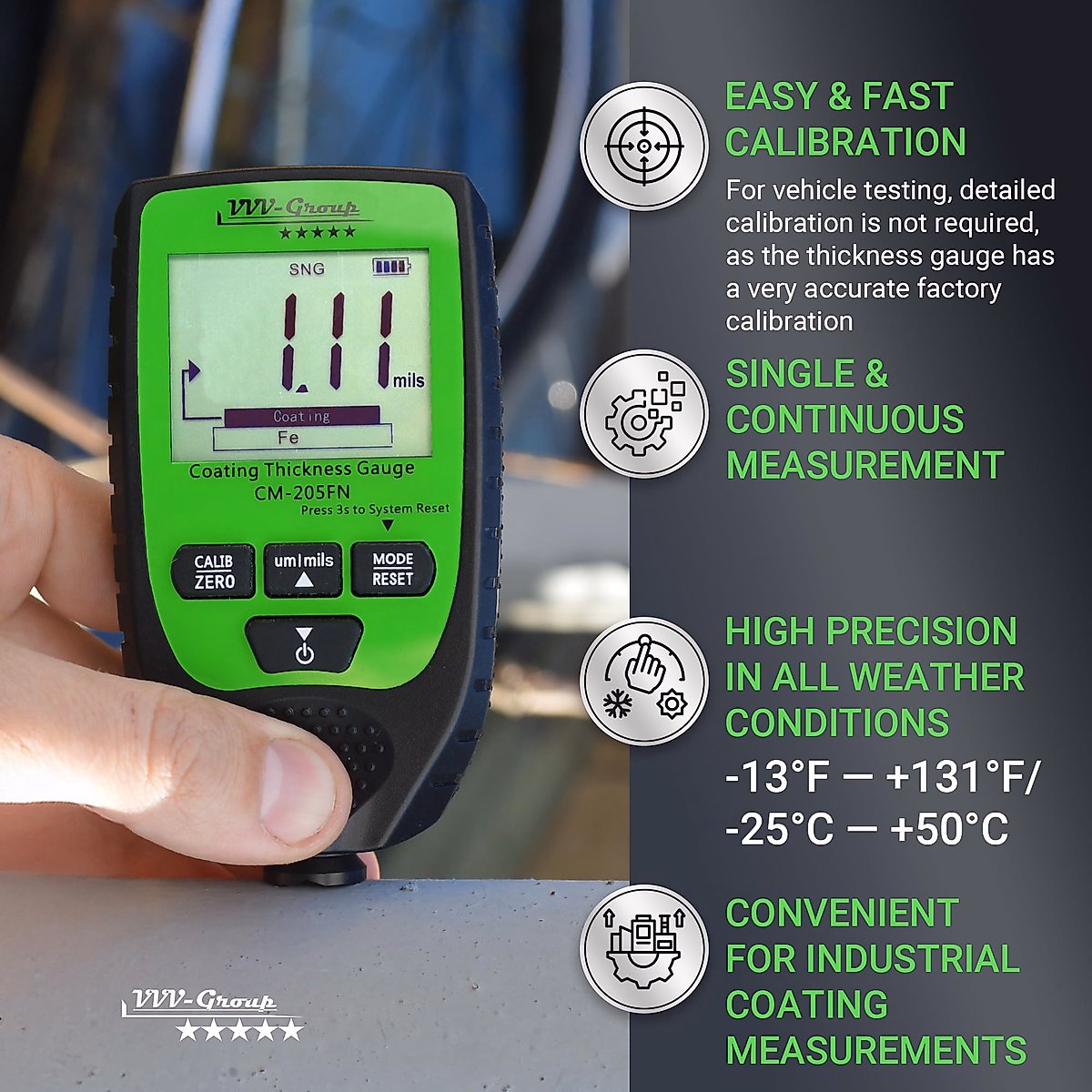 Paint Thickness Meter CM-205FN | Best Mil Coating Depth Gauge Tester for Cars with Resol 0.01mil | F/NF Measuring