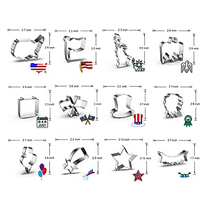 4th of July Cookie Cutter Set 12-Piece Top Hat, Flag, American Eagle, Statue of Libergy, USA Map, Shooting Star, Banner, Star, Badge, Balloon, Calendar Shaped Patriotic Independence Day Cookie Cutters