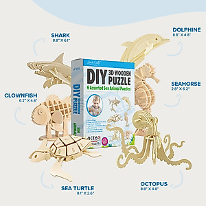 Hands Craft DIY 3D Wooden Puzzle – 6 Assorted Sea Animals Bundle Pack Set Brain Teaser Puzzles Educational STEM Toy Adults and Kids to Build Safe and Non-Toxic Easy Punch Out Premium Wood JP2B5