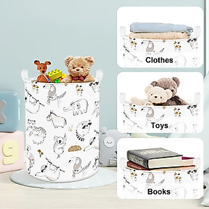 Clastyle 45L Sketch Forest Animal Kid Clothes Hamper Elephant Raccoon Laundry Basket for Boy Girl Leopard Zebra Round Toy Clothes Storage Basket for Nursery Room