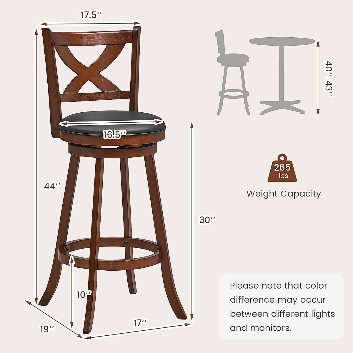 Giantex 30” Bar Stools Set of 2, 360° Swivel Counter Height Stools with Back, Solid Rubber Wood Frame, Leather Padded Seat, Vintage Upholstered Armless Farmhouse Barstools for Kitchen Island Home Bar