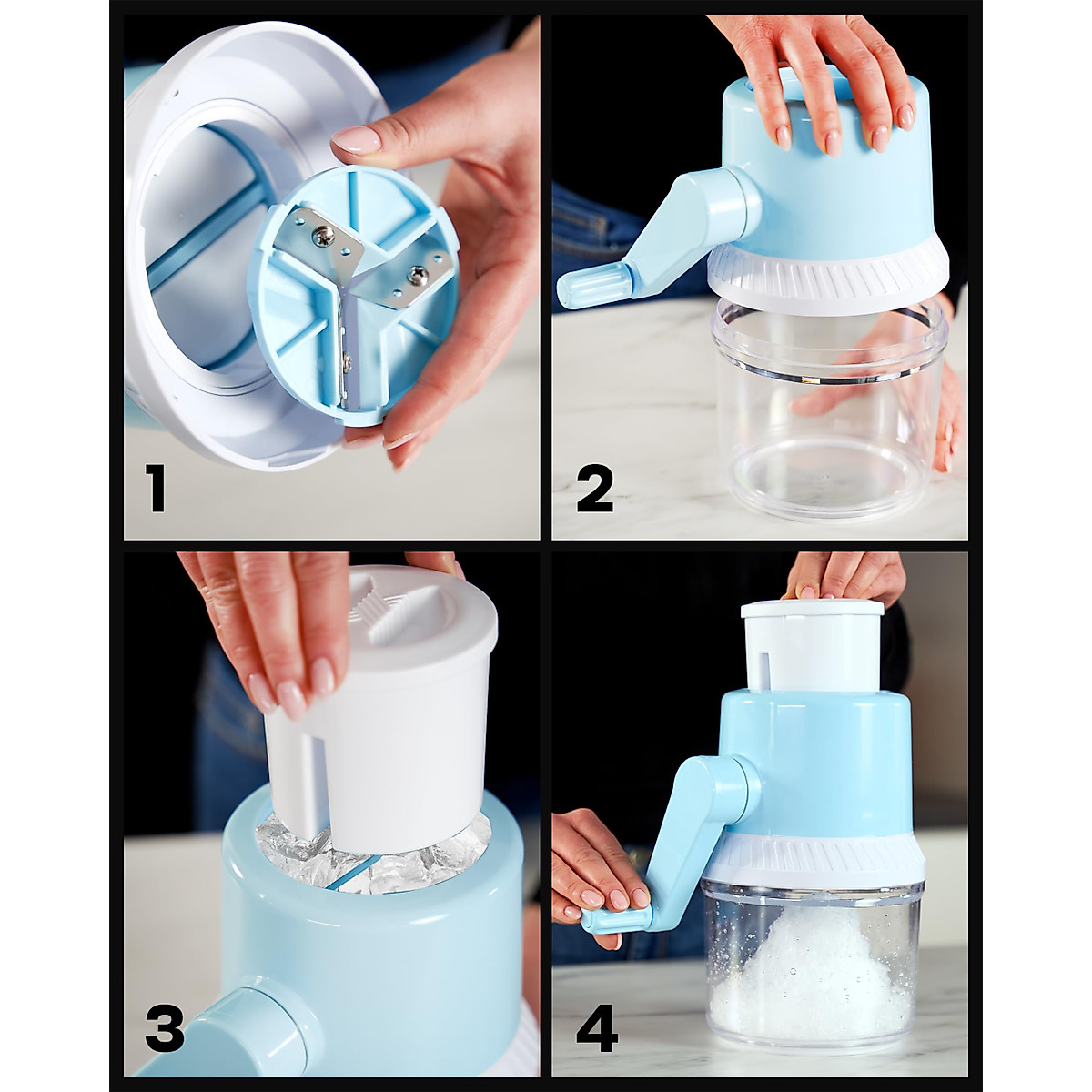 Manual Ice Shaver - Snow Cone Machine with Ice Cube Tray, Stainless Steel Blades, & Large Container - Portable Crushed Ice Machine for Home - Shaved Ice Maker Kit for Kids Snowcones, Slushies & More