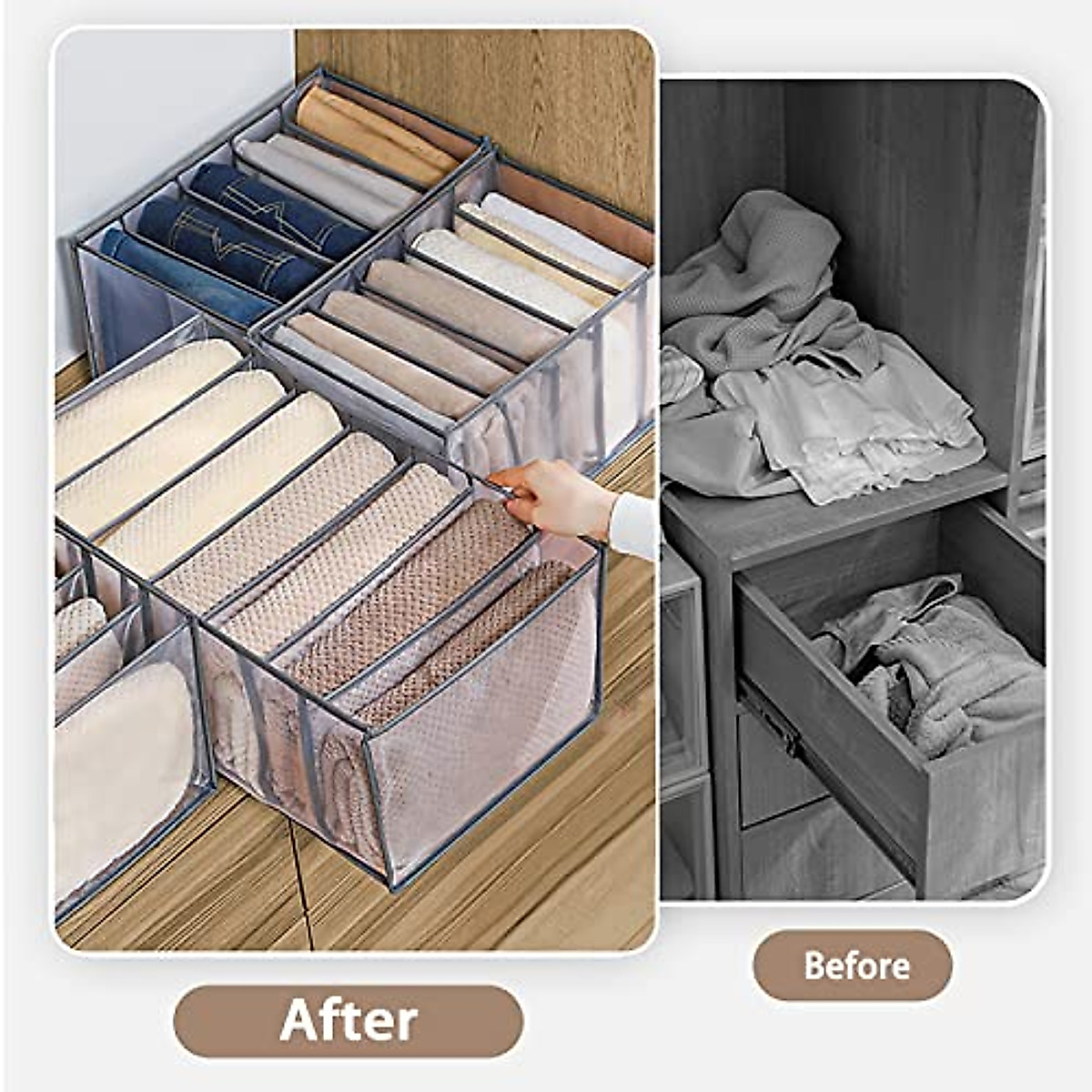 4 Pcs Upgraded Larger 7 Compartment Wardrobe Closet Drawer Organizer and Storage Baskets. Suitable for jeans, thin pants, shorts, short sleeves, shirts, leggings. clothes organizer for foldable clothes, closet organizer, drawer organizer for clothes, jean