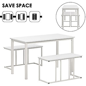 DlandHome 47'' Dining Table Set for 4, Kitchen Table Set Dining Table and 2 Benches, Kitchen Table and Benches, 3 Pieces Breakfast Table Set Dining Table with Bench Dining Room Bench Set, White
