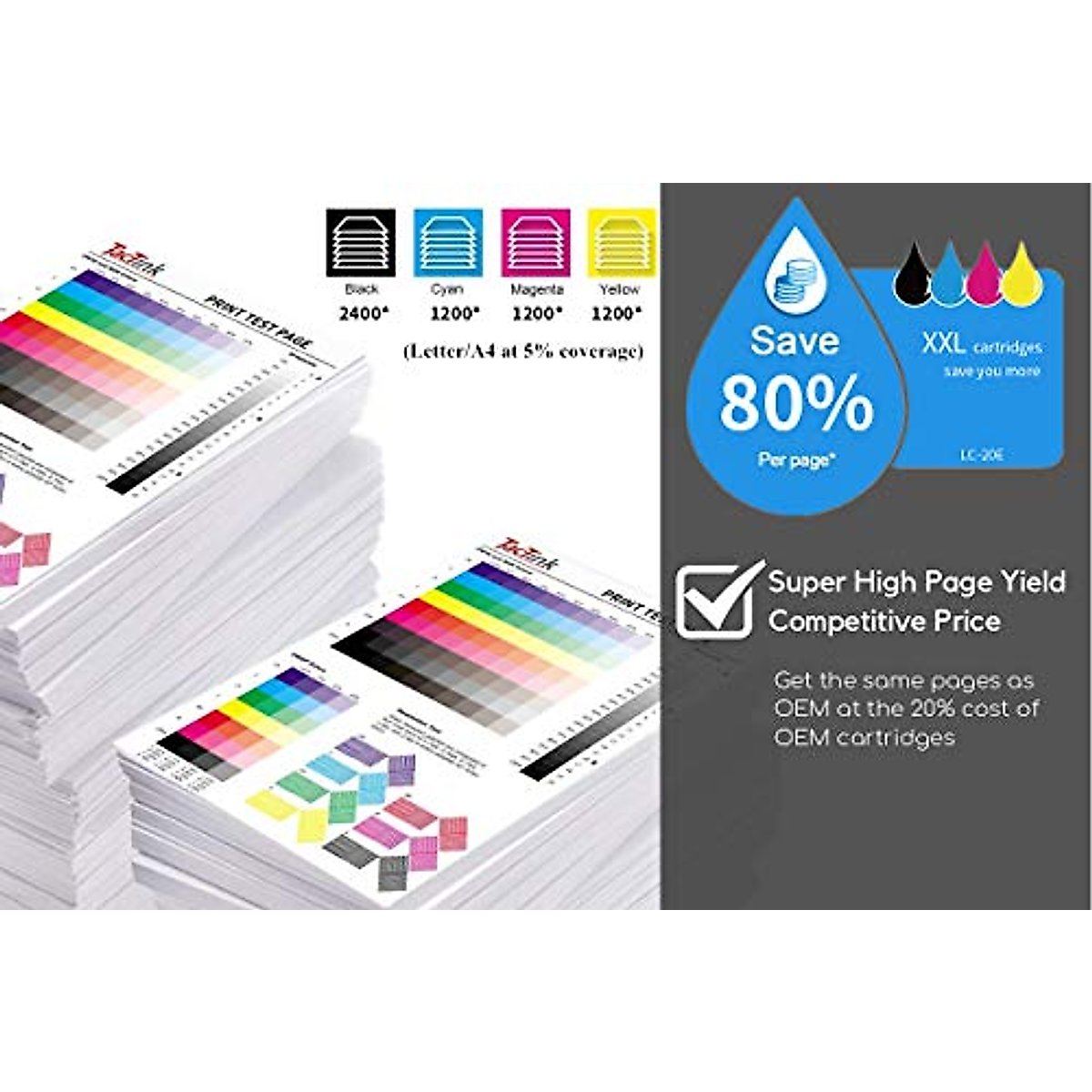 LC-20e Ink Cartridges, Super High Yield Compatible Ink Cartridge Replacement for Brother LC20E XXL use with Brother MFC-J775dw, MFC-J5920DW, MFC-J985DW XL (1 Black, 1 Cyan, 1 Magenta, 1 Yellow) 4-Pack