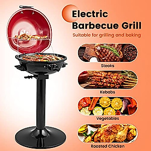 COSTWAY Portable Electric Grill, with Warming Tray, 1600W Heating Element, Adjustable Temperature Control & Removable Grease Tray, Sturdy Stand, Indoor & Outdoor BBQ Grill for Patio & Backyard (Red)