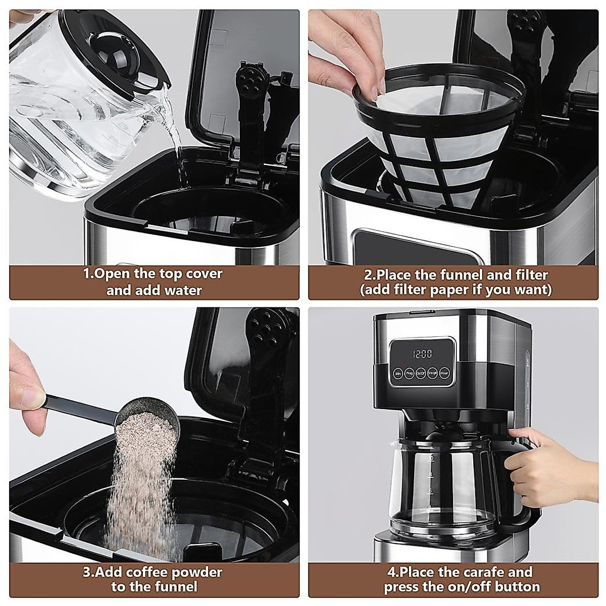 10-Cup Coffee Maker,Programmable Coffee Machine with Touch Screen,Glass Carefe,Reusable Filter,Auto Shut-Off and Pause,Regular & Strong Brew for Home and Office,Silver and Black