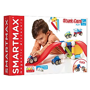 SmartMax Stunt Cars (Basic Stunt) STEM Magnetic Discovery Building Set with Moving Vehicles Featuring Safe, Extra-Strong, Oversized Building Pieces for Ages 3+
