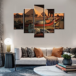 Ancient Egypt Princess Wall Art Egyptian Lady Women Artwork Animal Cheetah/ Leopard Pictures 5 Piece Prints Canvas Painting for Living Room House Decor Wooden Framed Ready to Hang Gift(60''Wx 40''H)