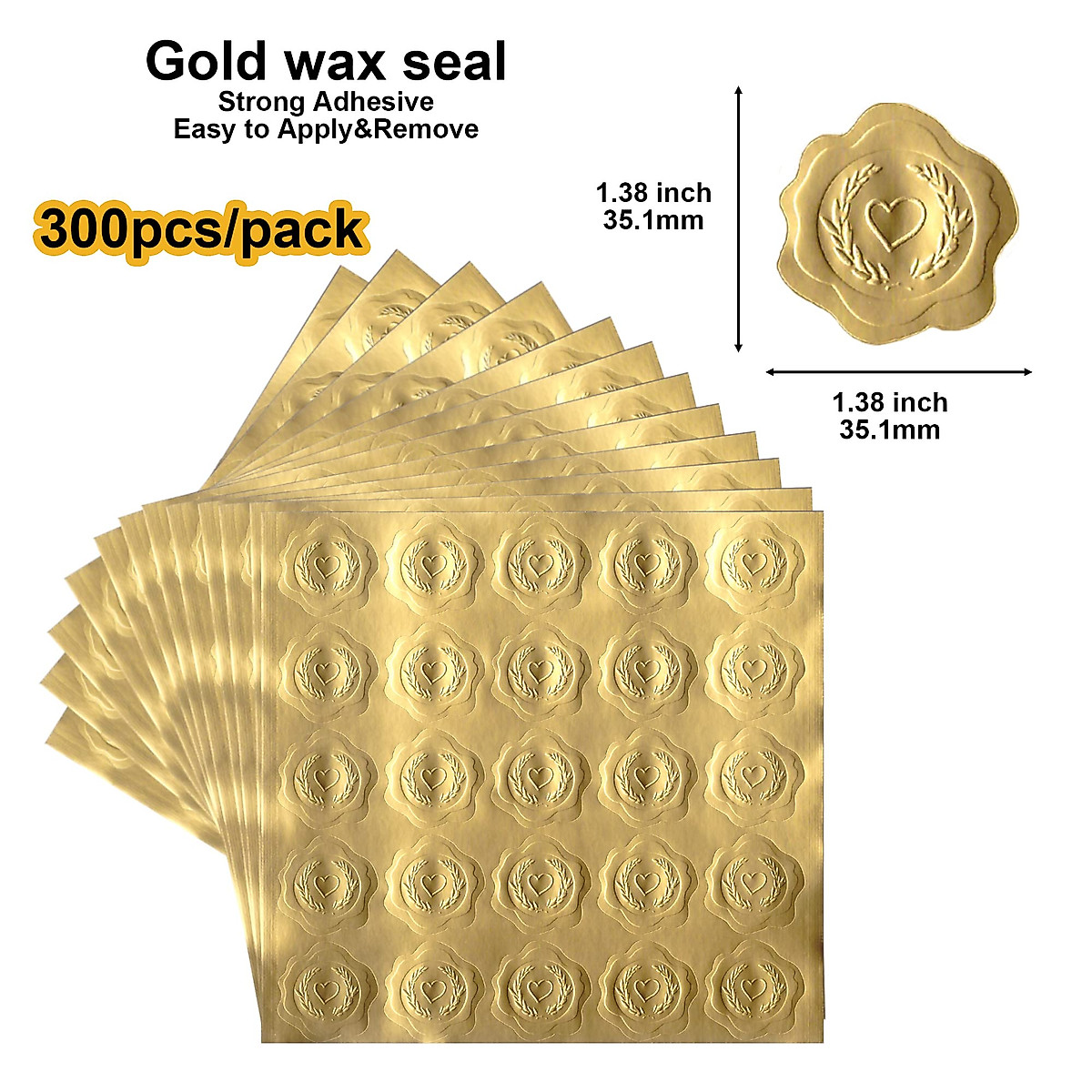 Everlasting Star 300pcs Gold Embossed Wax Seal Heart Shape Envelope Seals Stickers for Wedding Invitations,Party Favors,Greeting Cards, DIY Decoration, ES-21ST-001