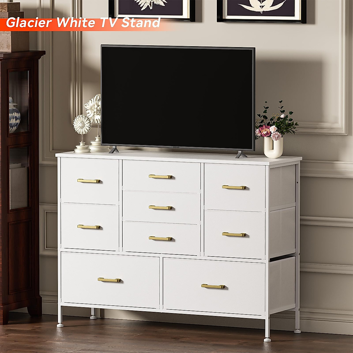 YILQQPER Wide Dresser for Bedroom TV Stand Entertainment Center with Large Chest of 9 Drawers for 50'' TV with Leather Front, Metal Handles for Closet, Entryway, Living Room, Glacier White