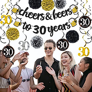 30th Birthday Decorations Kit for Men Women, Cheers to 30 Years Banner with Pom Poms Flowers, 30th Sparkling Hanging Swirl Decorations for 30th Birthday Wedding Party Supplies Decorations