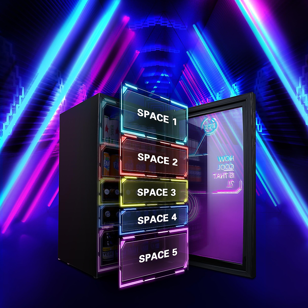 HCK Beverage Fridge, Small Bottle Fridge with Cyberpunk Modern Lighting, Mini Fridge 0-10 °C, Beer Fridge 3.5 cu.ft., For Gaming Room, Party, Black