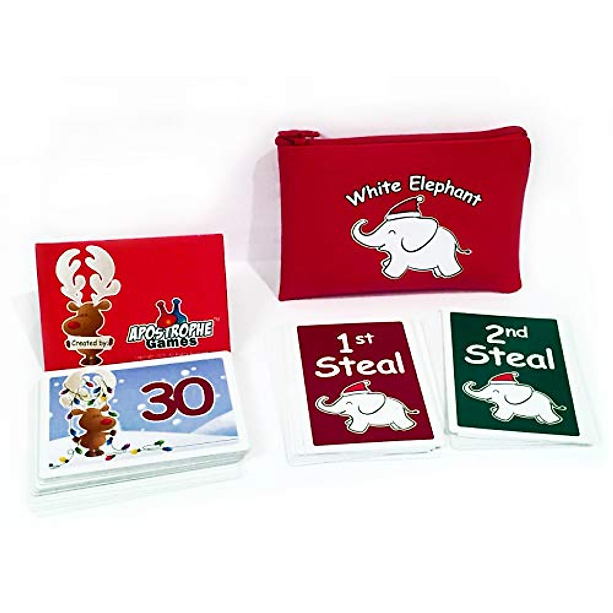 Apostrophe Games White Elephant Card Set, 50 Christmas Themed Cards and Carrying Pouch, White Elephant Exchange Card Set