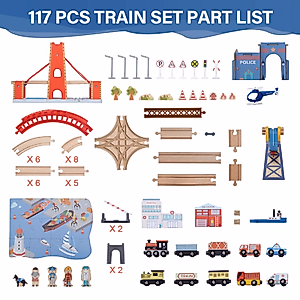 Giant bean 117 Pcs Busy Port City Train Set for Kids- Expandable & Changeable Wooden Train Tracks Set Toddler Toy, Gift for Boys and Girls Ages 3+, Fits for Thomas The Train, Brio, Melissa & Doug