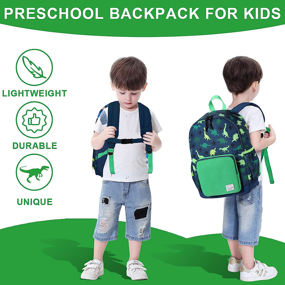 VASCHY Kids Backpack for Boys, Cute Lightweight Water Resistant Preschool Backpack for Boys and Girls Kindergarten Bookbag Dinosaur