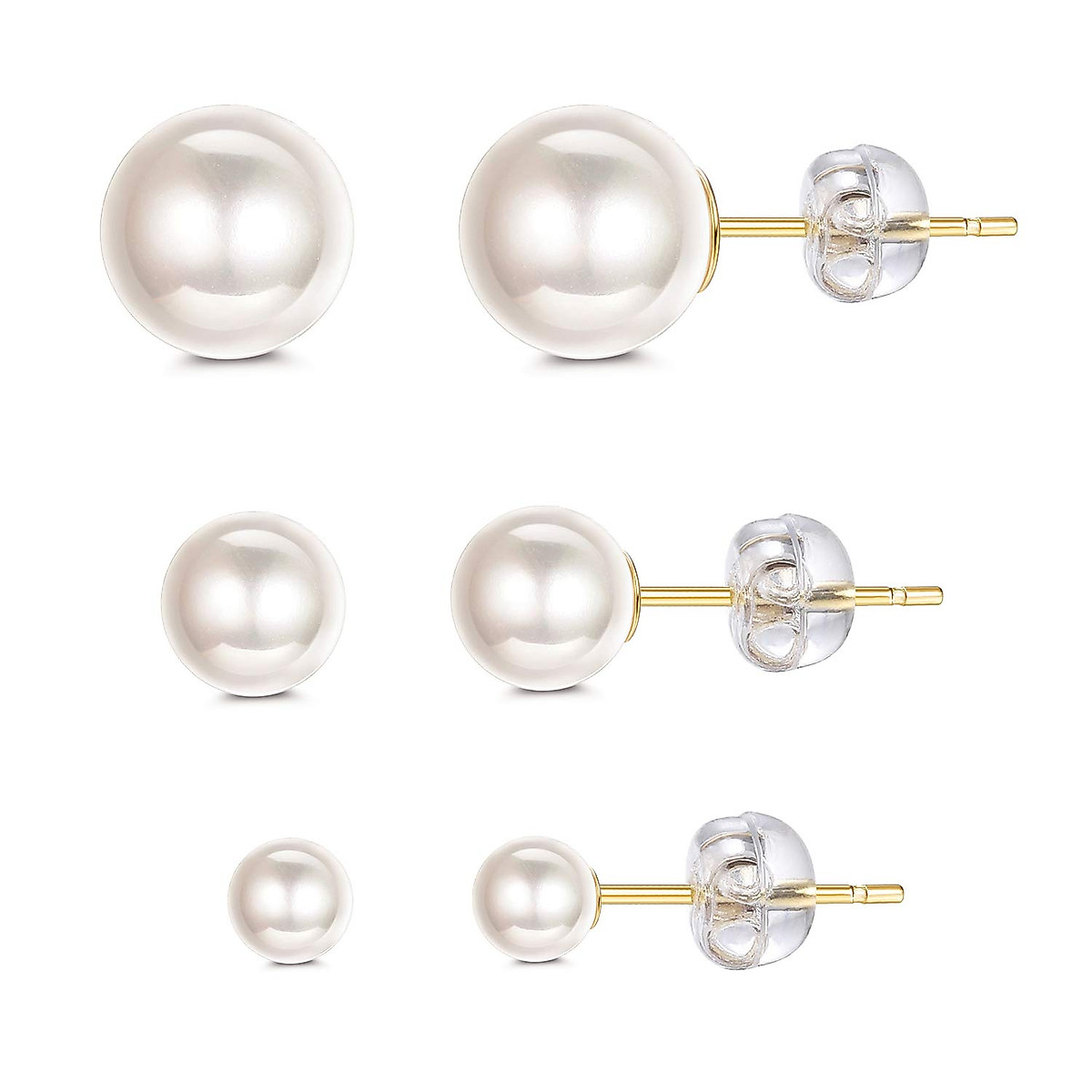 Sllaiss 925 Sterling Silver Austria Pearl Earrings 18K Gold Pink Earrings Sets Stud Earrings for Women (3 Pairs 4mm 6mm 8mm)