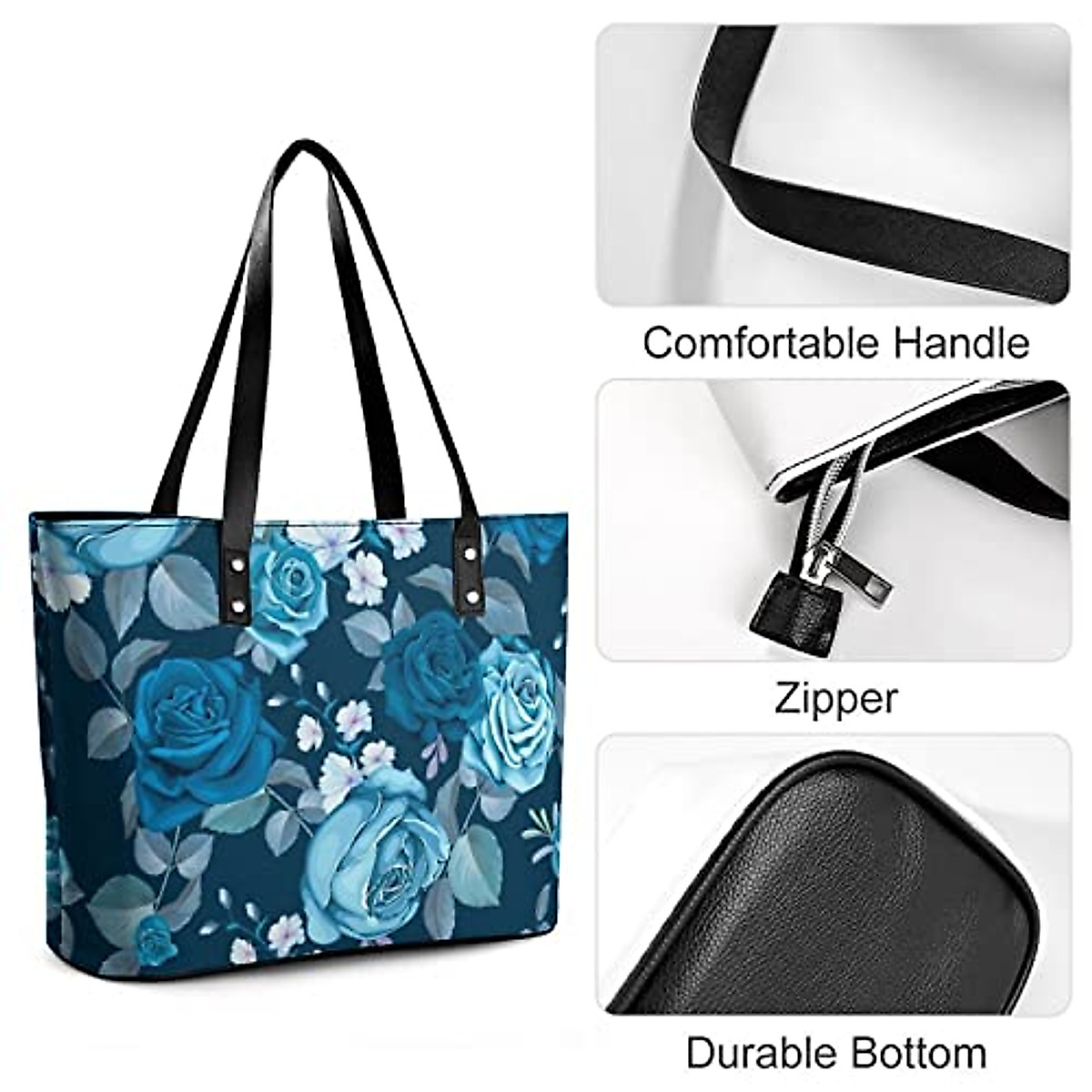 Womens Handbag Flowers Blue Leather Tote Bag Top Handle Satchel Bags For Lady