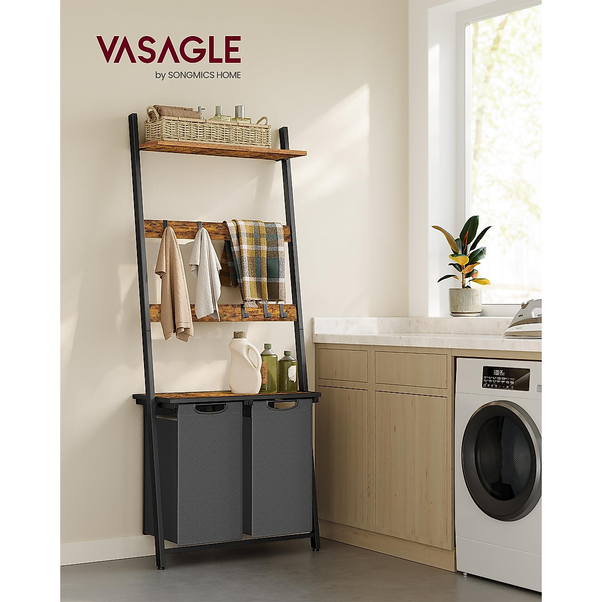 VASAGLE Laundry Basket, 2-Section Laundry Hamper with Blanket Ladder, Pull-Out and Removable Liners, Shelf, 5 Hooks, 2 x 12.1 Gallons, 28.7 x 13 x 69.7 Inches, Rustic Brown and Black UBLH221B01