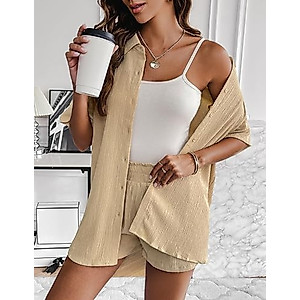 Ekouaer Womens Lounge Sets 2 Piece Outfits Casual Tracksuit Pajamas Set Button Down Shirt and Shorts Pockets Brown L