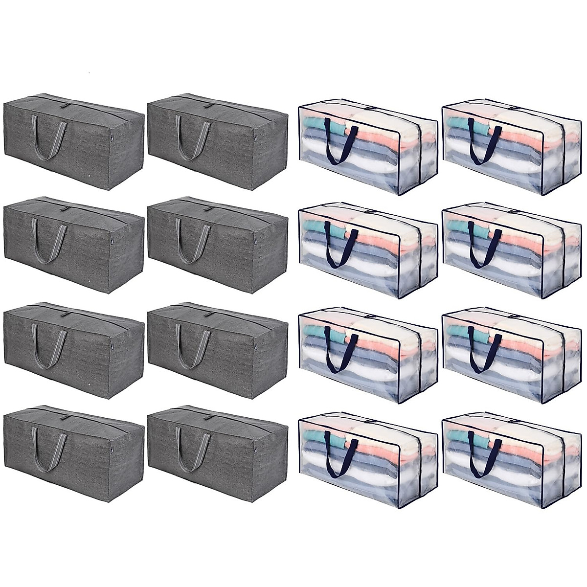 VENO 16 Pack Heavy-Duty Moving Bundle (8 Pack Extra-Large Gray Moving Bag w/Backpack Straps + 8 Pack Extra-Large Clear Moving Bag w/Backpack Straps)