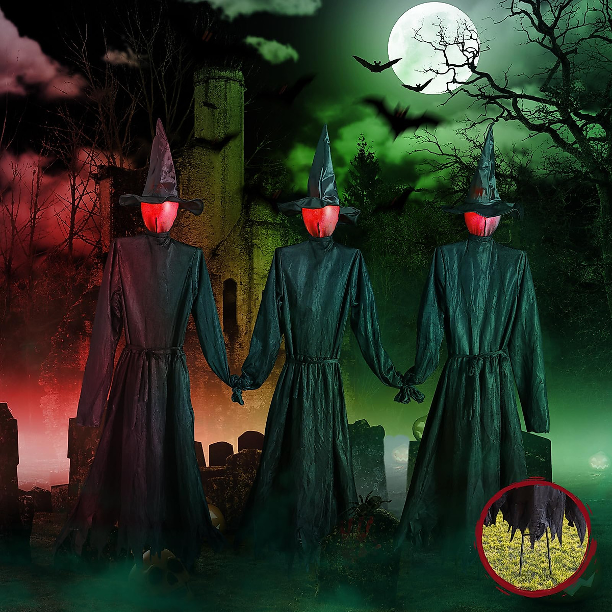 Halloween Decorations Outdoor 3PCS Light Up Witches Holding Hands Witches with Stakes, Scary Screaming Witches with Glowing Face, Creepy Halloween Party Props Decor for Yard Garden Outside Lawn Porch