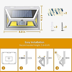 JUSLIT Solar Lights Outdoor, 74 COB LEDs Motion Sensor Light, 2 Modes Wireless Security Wall Lighting W/ 270° Wide Angle, IP65 Waterproof for Front Door, Yard, Garage, Garden, Deck, Porch (4PK)