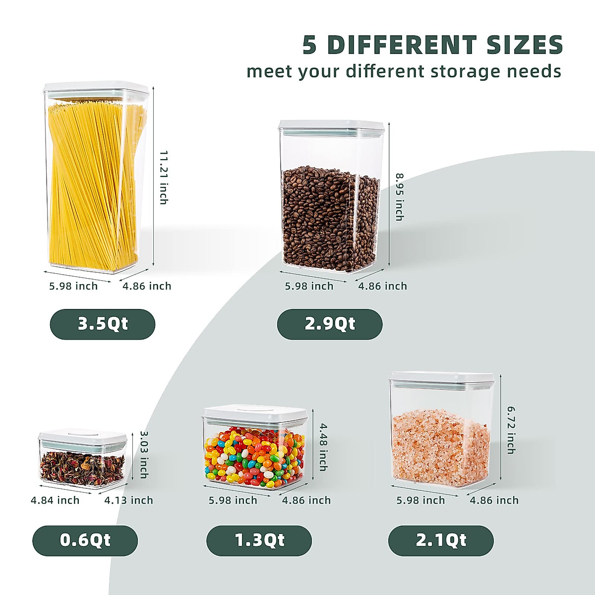 Tourdeus Pop Up Lid Food Storage Containers, Clear Storage Containers for Pantry Airtight Kitchen Containers Storage Set - 5 Pack for Cereal, Flour and Sugar, 3.5Qt, 2.9Qt, 2.1Qt, 1.3Qt, 0.6Qt