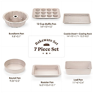 Nonstick Bakeware Set - 7 Piece Oven Bakeware With Cookie Sheet, Cake Pan, Loaf Pan, Muffin Pan, Roaster, Cooling Rack - PTFE & PFOA Free Baking Supplies
