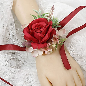 MAFELOE 2 Pieces of Wrist Corsage and Boutonniere Set, Artificial Flowers Accessories Suit Decor for Wedding Prom Party Homecoming Ceremony Anniversary -Red+Pink