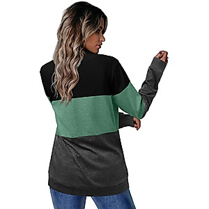 CRAZY GRID Women Casual Tops Loose Color Block Comfy Long Sleeve T Shirt Pullover Sweatshirts Black Green Small