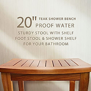 Rose Home Fashion Teak Shower Bench, Teak Shower Stool with Storage Shelf, 20" Waterproof Shower Chair for Bathroom, Portable Wooden Spa Bath Seat, Indoor and Outdoor Use, Shower Bench for Elderly
