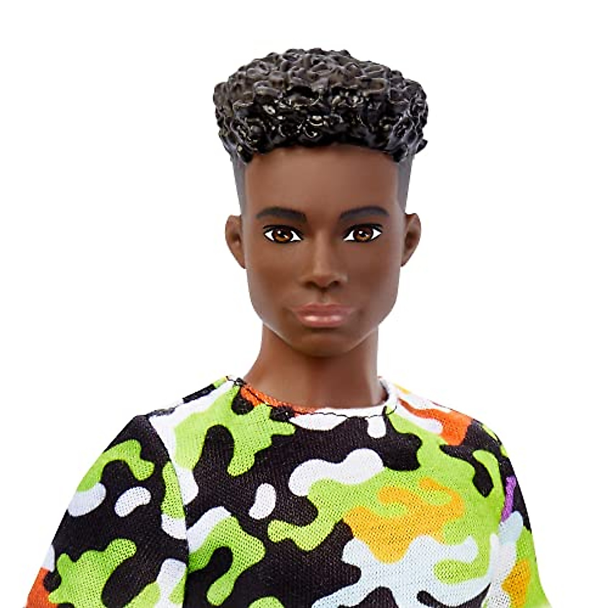 Barbie Fashionistas Ken Doll #123, Broad with Black Curly Hair Wearing Multi-Colored Camo Print Shirt, Neon Green Shorts & Silvery Sneakers