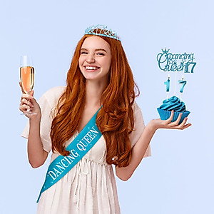 Crowye 17th Dancing Queen Gifts Dancing Queen 17 Cake Topper 17th Tiara Crown Sash Candles 17 Birthday Decorations for Party Accessories(Blue)