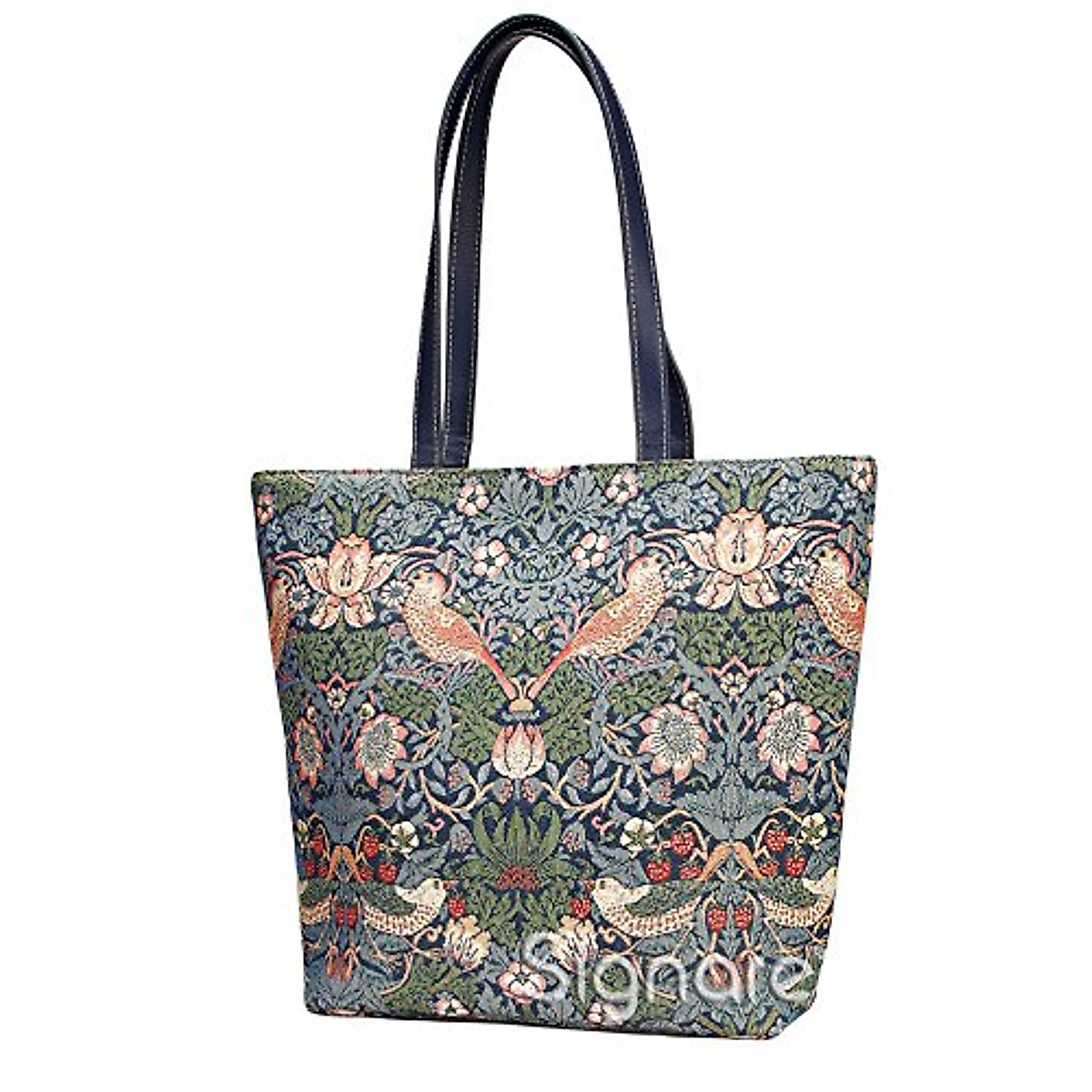 Signare Tapestry Shoulder Bag Tote Bag for Women with Blue Flower and Bird William Morris Strawberry Thief Design (SHOU-STBL)