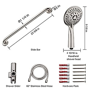 BRIGHT SHOWERS Stainless Steel Slide Bar Grab Rail Set Ada Compliant Includes Handheld Shower Head and 69-Inch Hose (Brushed Nickel)