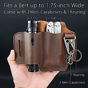 XXL EDC Leather Sheath, Leather Knife Belt Sheath Organizer, Tool Pouch Sheath for Most Leatherman Multitools, Key Ring Holder Fob, Holster for 5 inch Knives, Fit Most Tactical Flashlights. Chestnut.