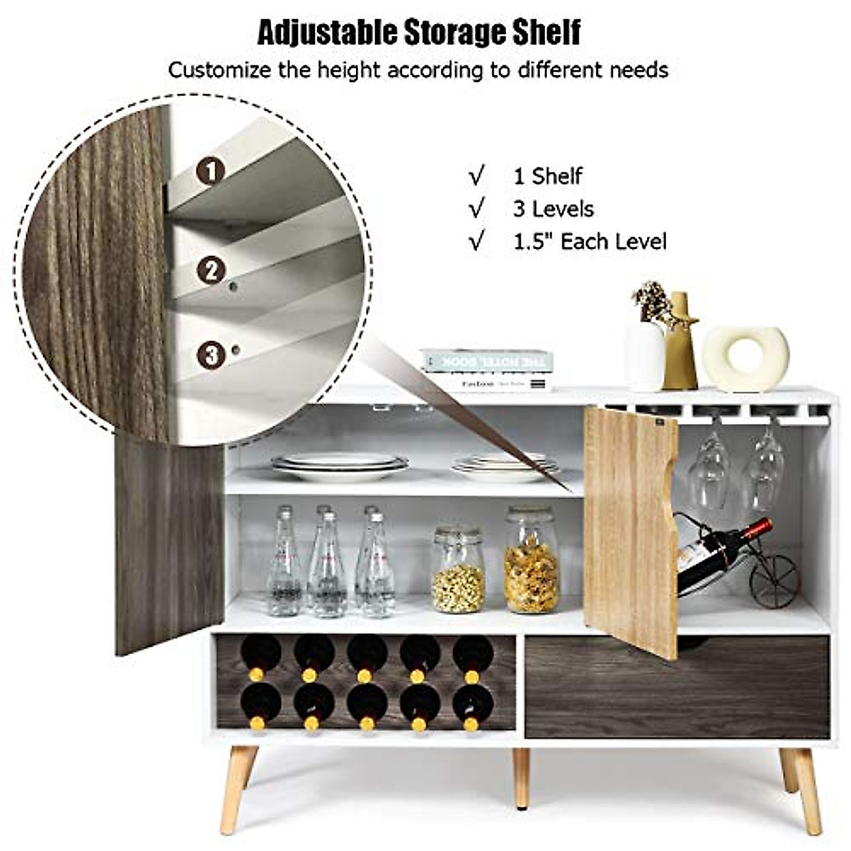 Giantex Buffet Sideboard with Storage, Wine Bar Cabinet for 10 Bottles, Glass Holder, Large Drawer, Wood Cupboard Pantry for Kitchen Cupboard, Standing Credenza (White & Wood)