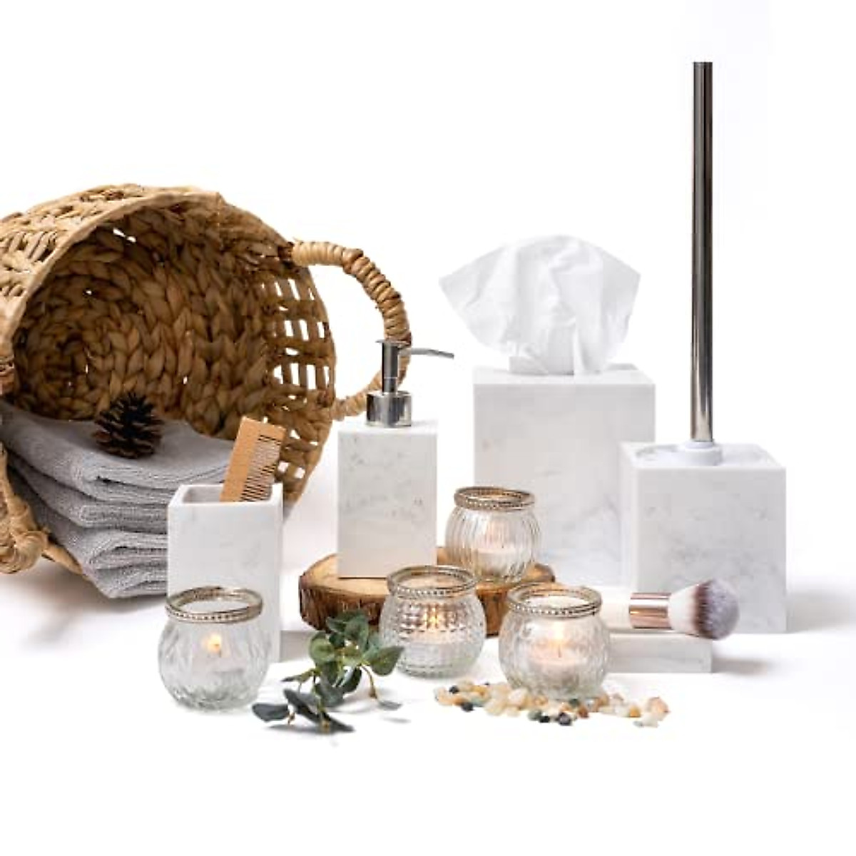 Kurrajong Farmhouse 5 Piece Bathroom Accessories Set | Faux Marble Bathroom Accessory Set | Faux Marble White Bathroom Set | Tissue Box, Toilet Brush, Soap Dish, Soap Dispenser, Toothbrush Holder